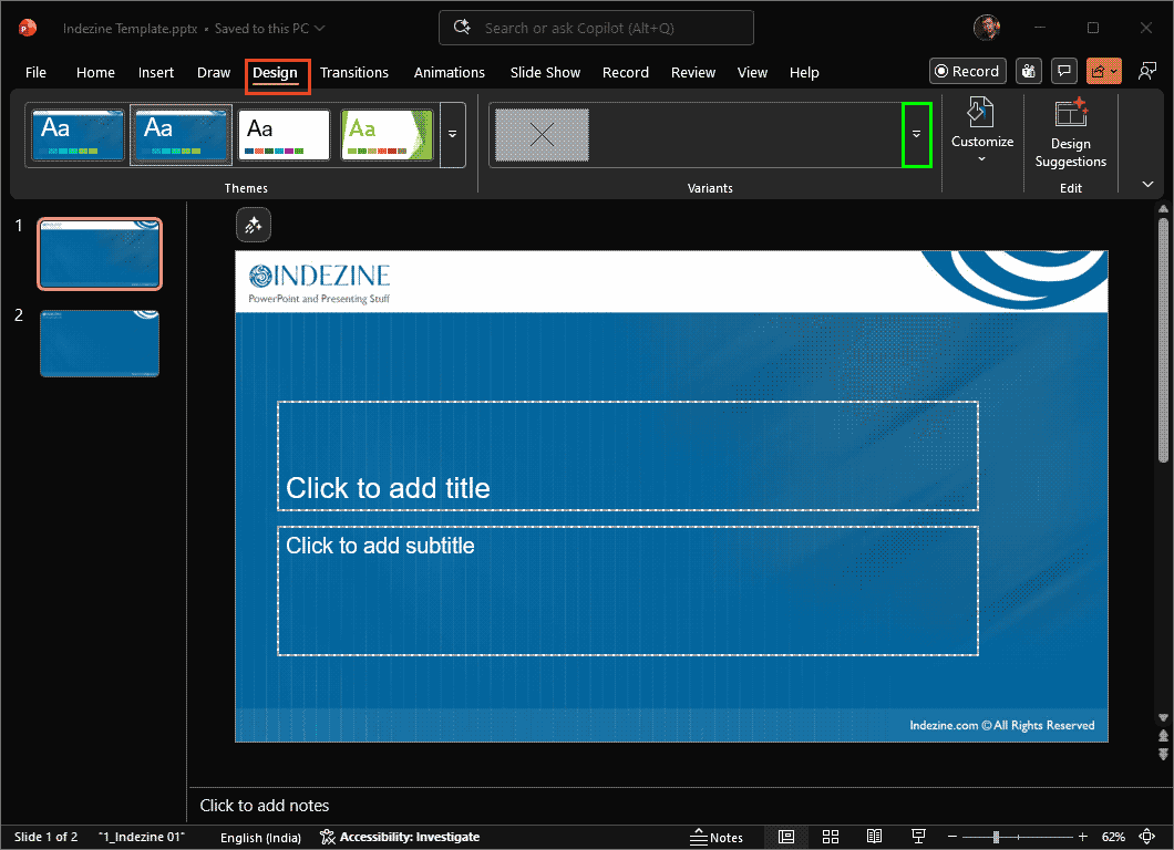 Corporate template open in PowerPoint